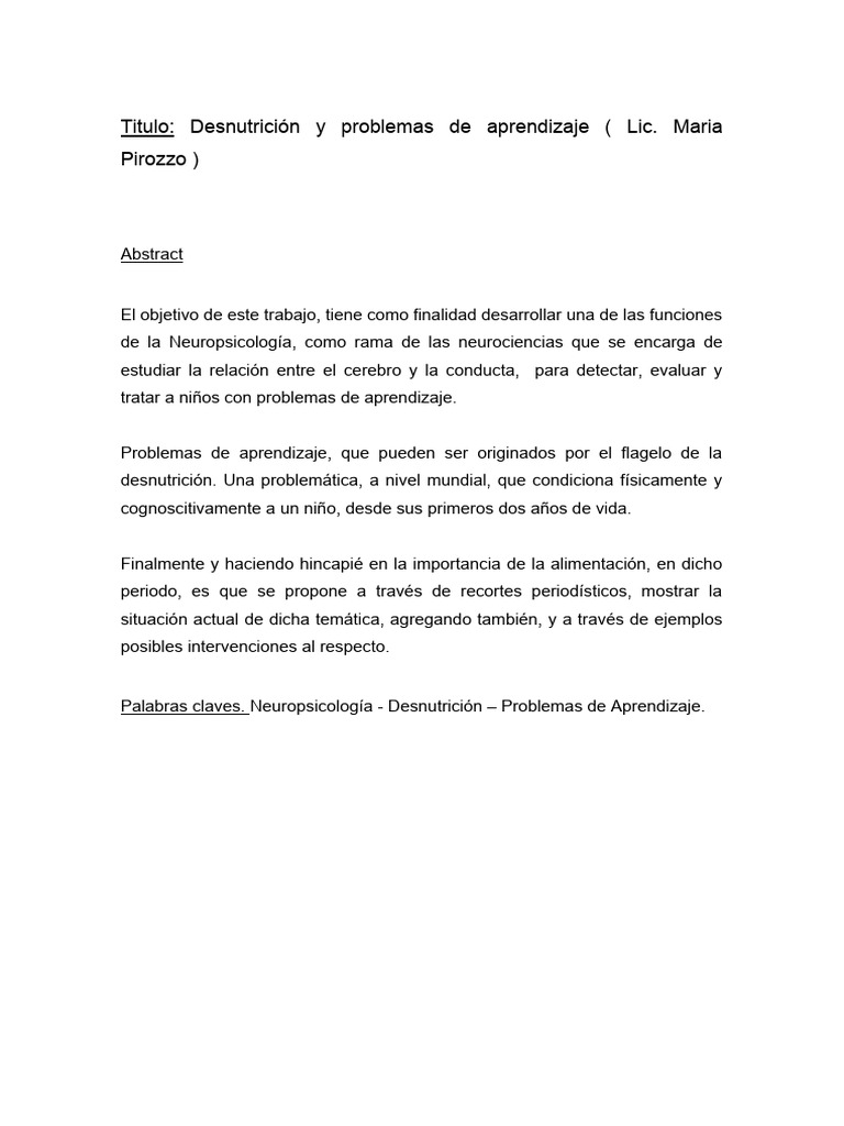Desnutricion y Problemas de Aprendizaje | PDF