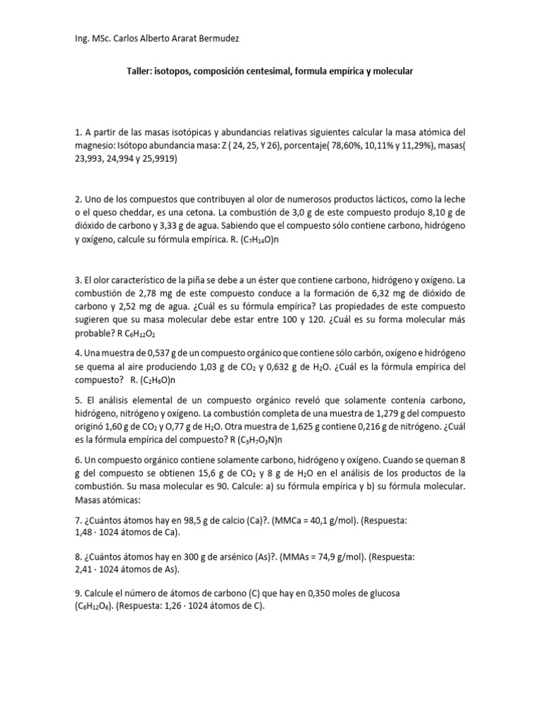 Taller 2.isotopos, Composición Centesimal, Formula Empírica y Molecular ...