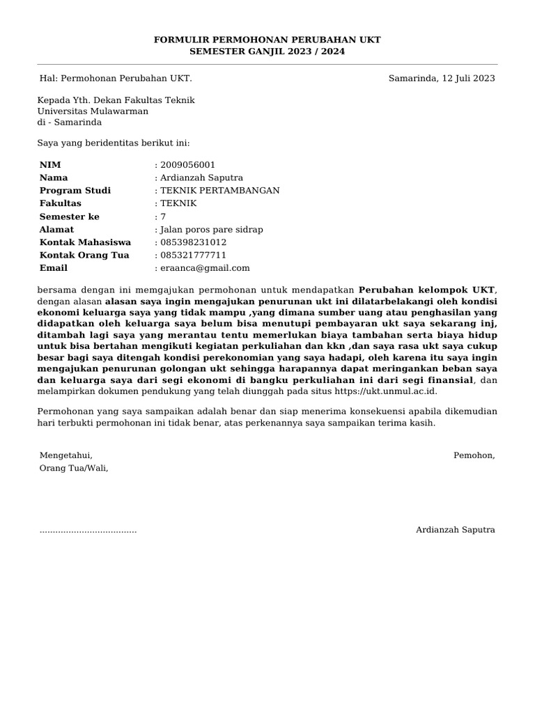 Surat Permohonan Ukt 20090560012303 | PDF