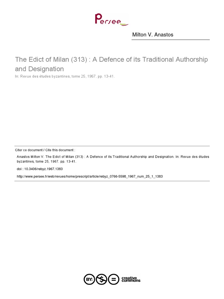 The Edict of Milan (313) : A Defence of Its Traditional Authorship and ...