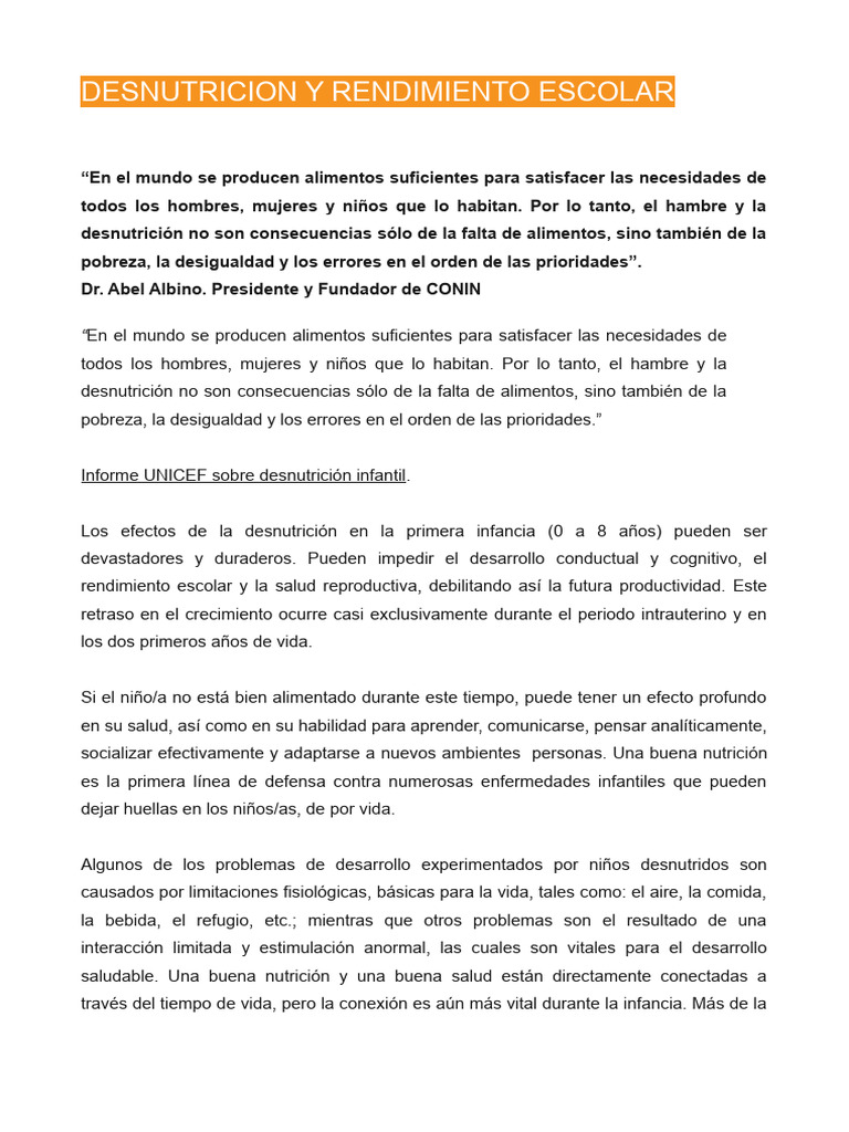 Desnutricion y Rendimiento Escolar | PDF