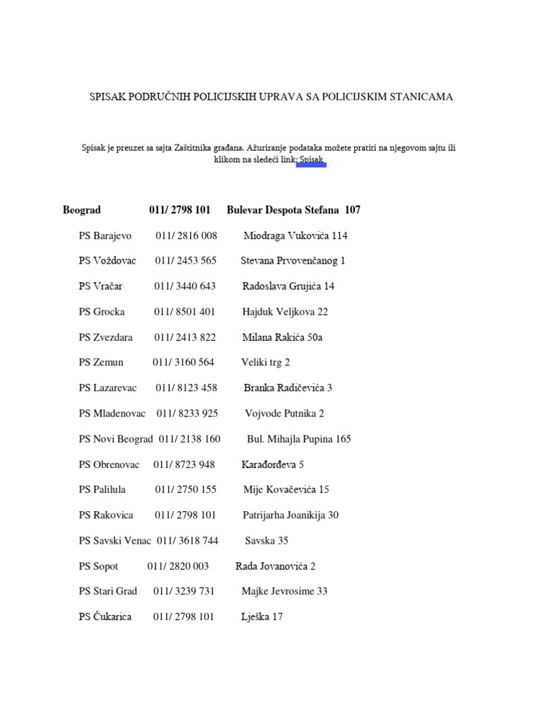 Spisak Podrucnih Policijskih Uprava Sa Policijskim Stanicama | PDF