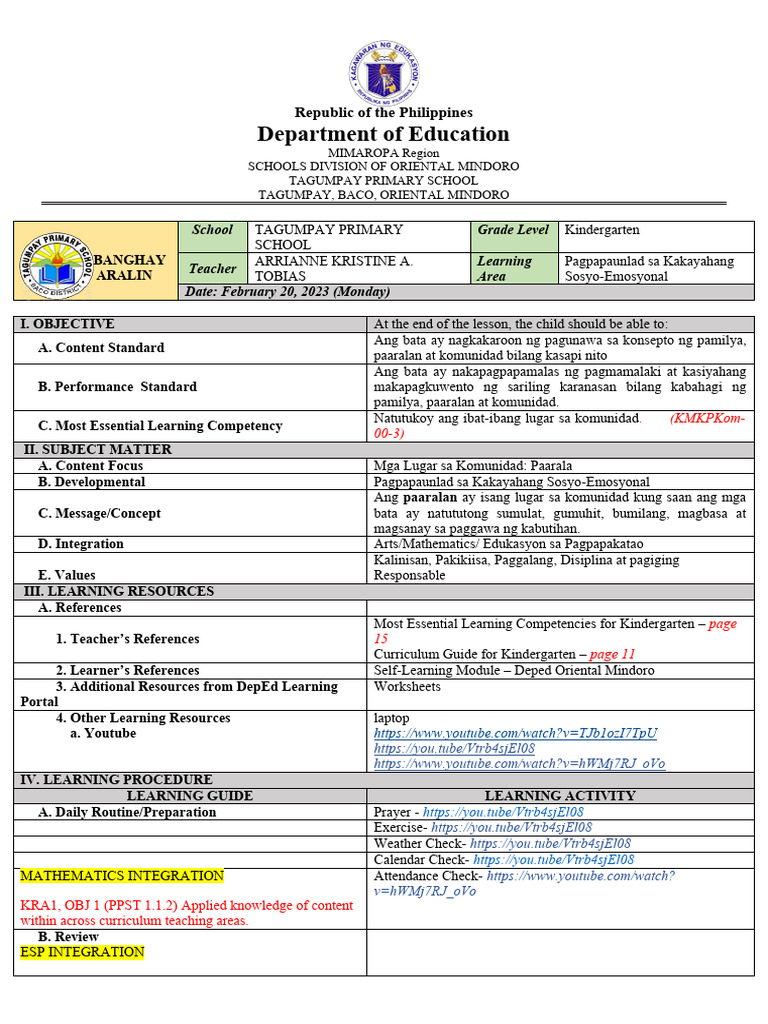 Kinder Cot Quarter 3 Week 2 Leson Plan | PDF