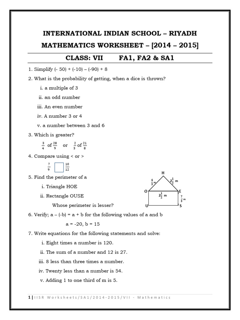 CBSE Class 7 Mathematics Worksheet | PDF