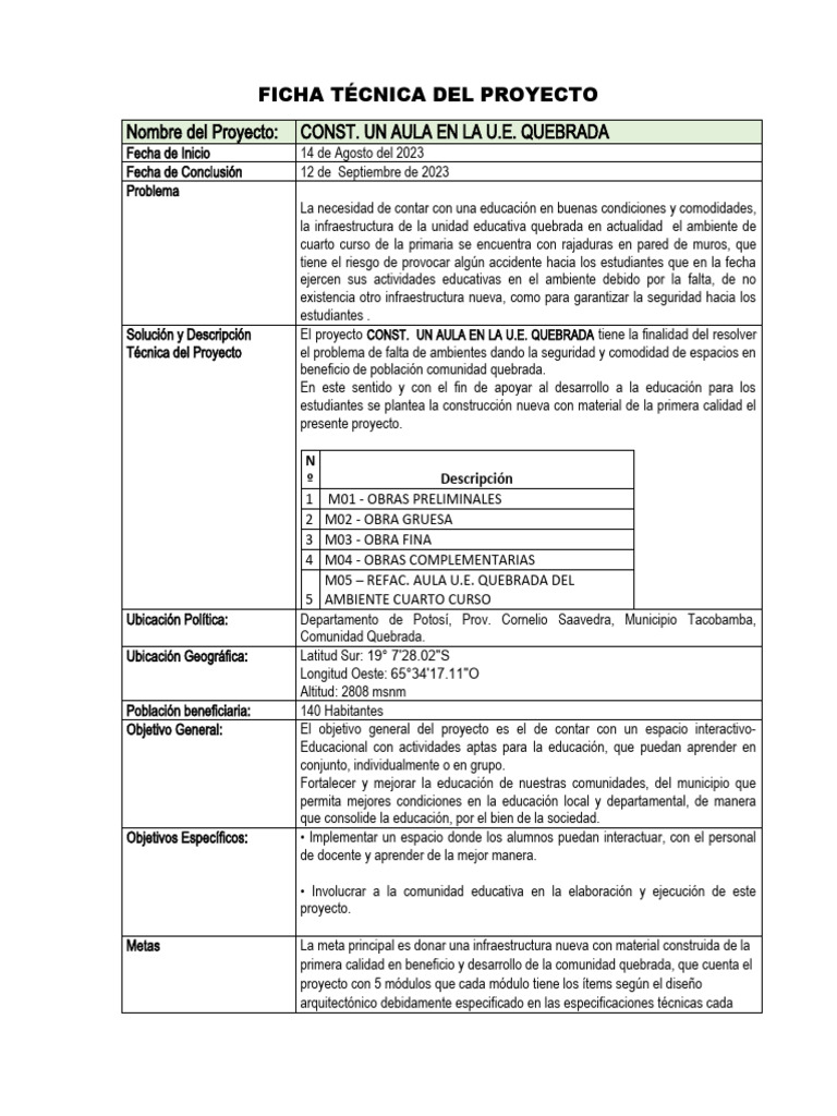 Ficha Técnica Del Proyecto | PDF