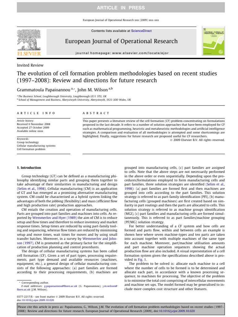 The Evolution of Cell Formation Problem Methodologies Based On Recent Studies (1997-2008) | PDF
