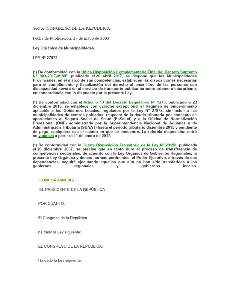 Ley Orgánica de Municipalidades 27972 | PDF