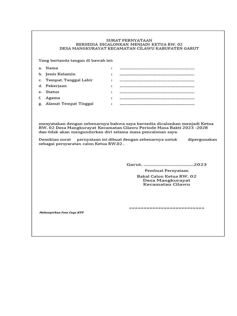 Surat Pernyataan Calon Ketua Rw. 02 | PDF