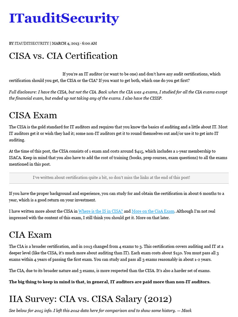 CISA vs. CIA Certification (% ITauditSecurity | PDF