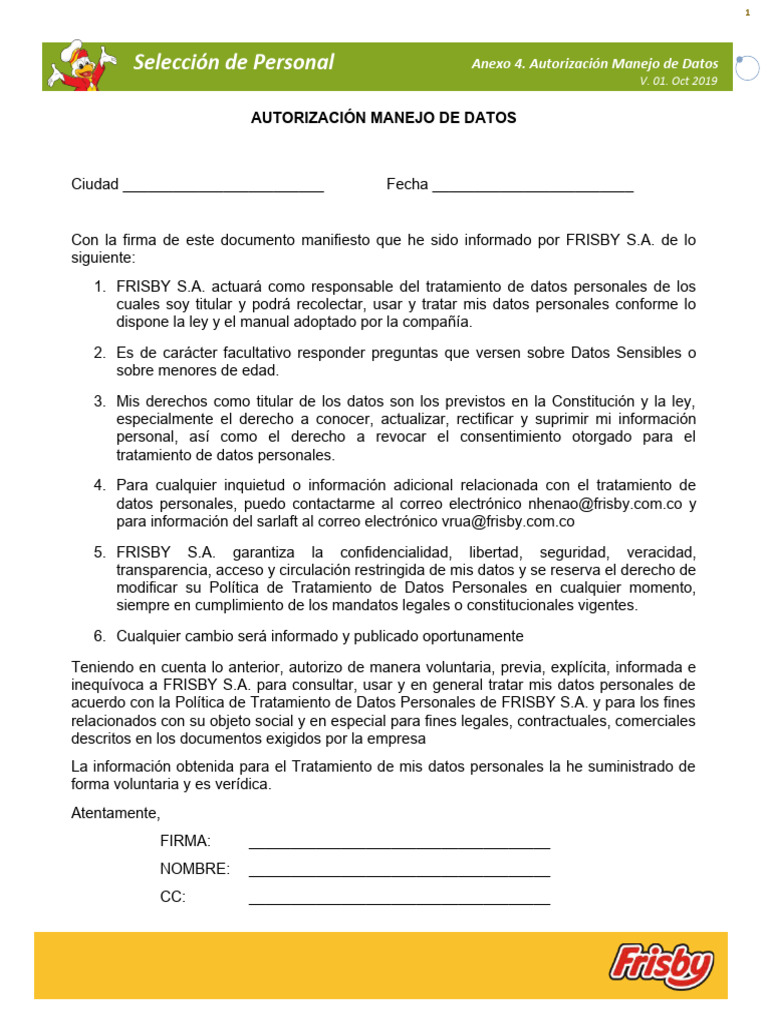 Anexo 4. Autorización Manejo de Datos v.01 | PDF Anexo 4. Autorización Manejo de Datos v.01 | PDF