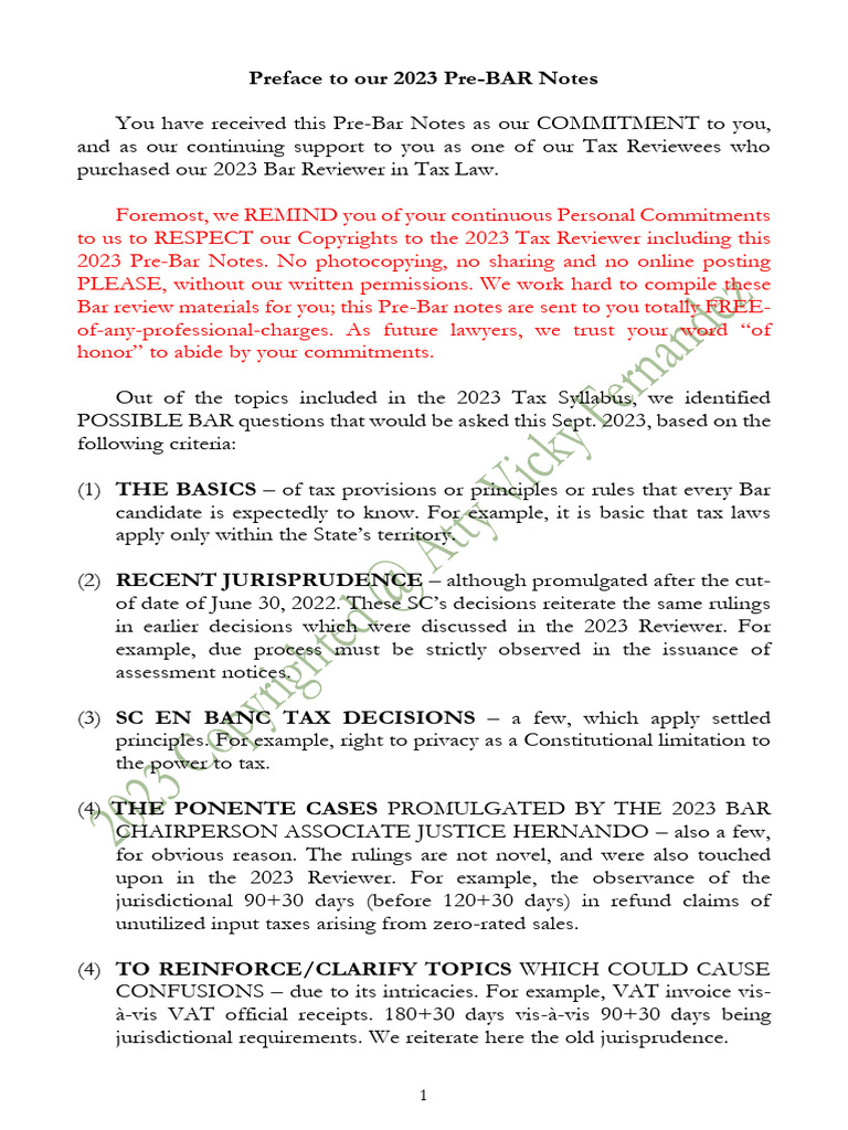 Final 2023 Pre Bar Notes in Tax Law | PDF