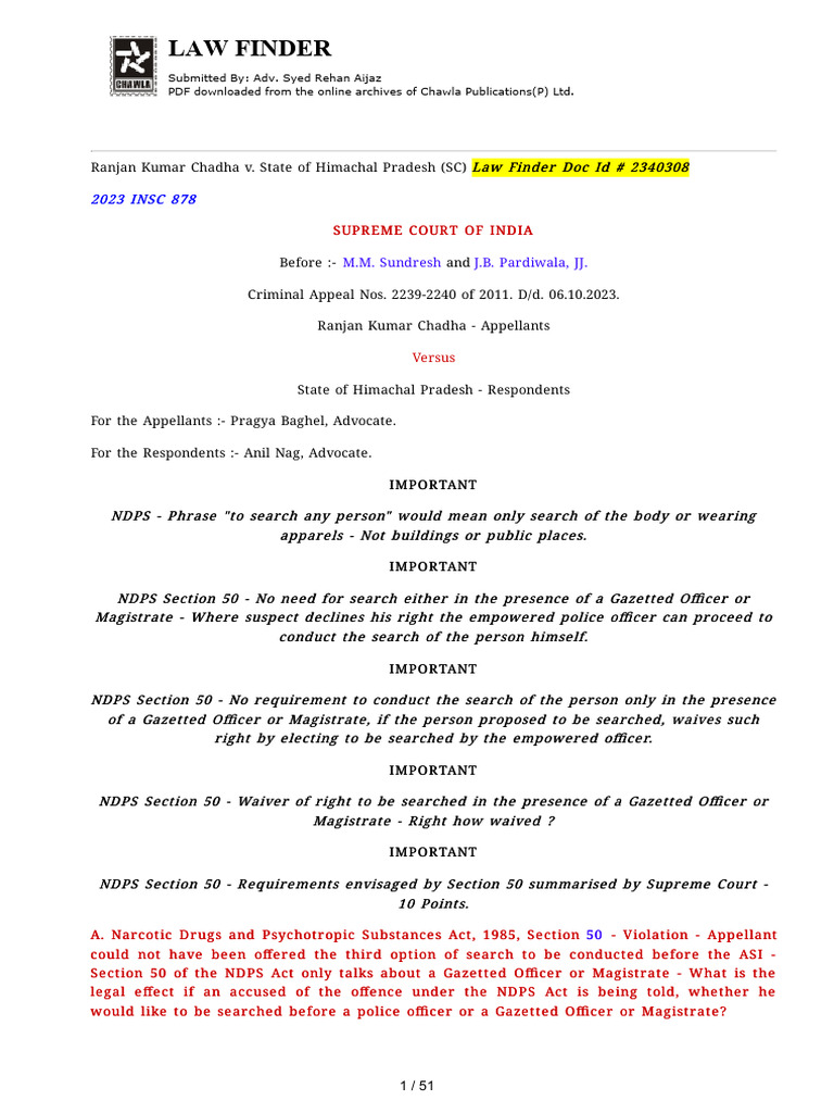 Supreme Court Ruling on NDPS Section 50 | PDF