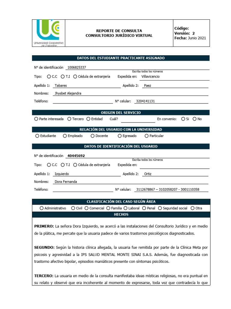 FORMATO REPORTE DE CONSULTA (Consultorio Jurídico Virtual) - 2021 V2 | PDF