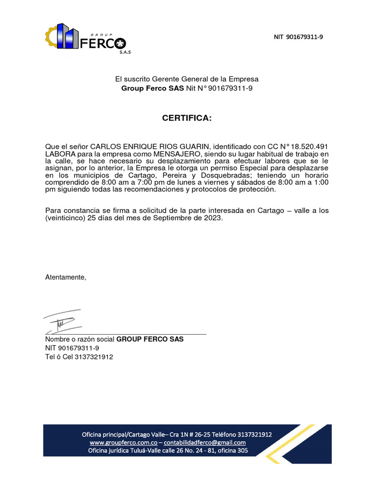 Carta Trabajador | PDF