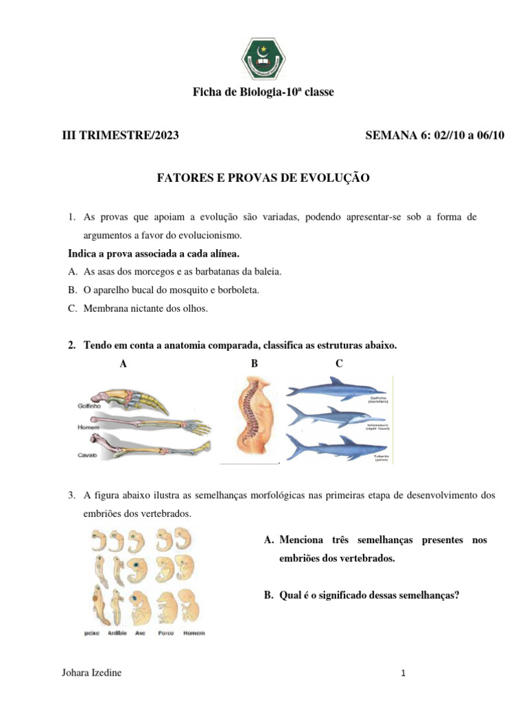 Ficha de Biologia-10 classe-III Trimestre-2023 | PDF