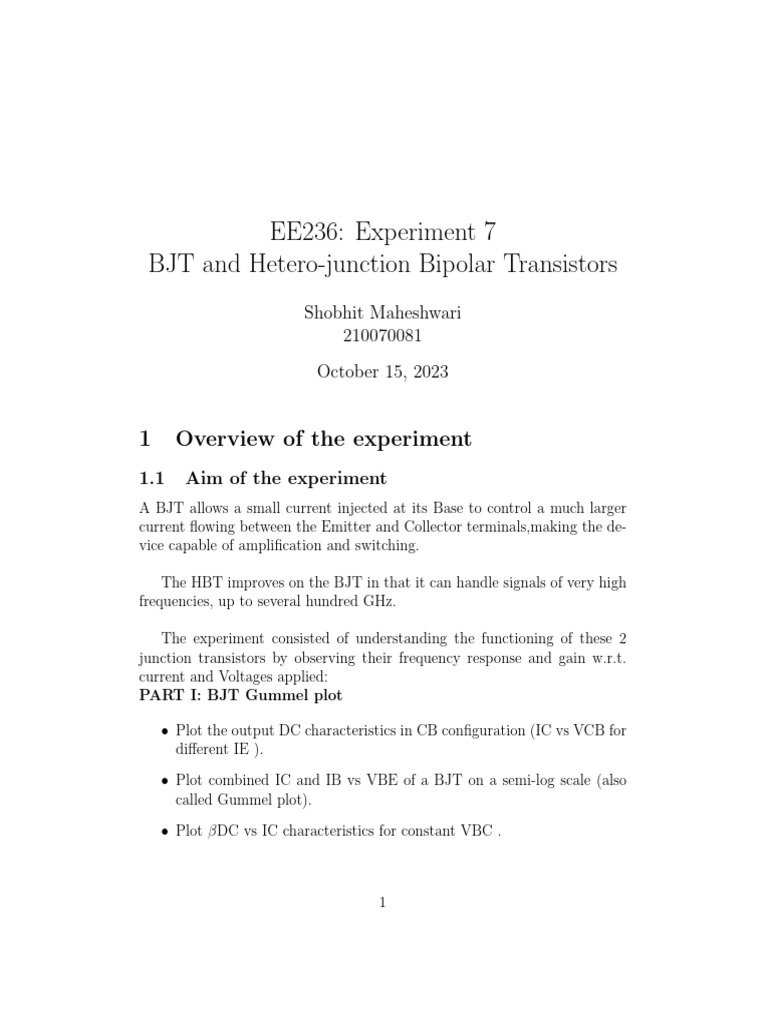EE236 Lab7 Shobhit Maheshwari | PDF | Bipolar Junction Transistor | Electromagnetism