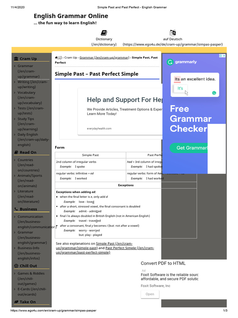 Simple Past and Past Perfect - English Grammar | PDF