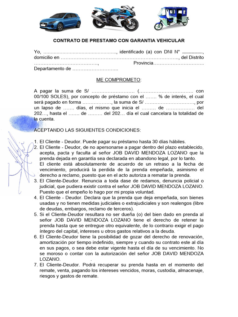 CONTRATO DE PRESTAMO CON GARANTIA VEHICULAR (Autoguardado) | PDF