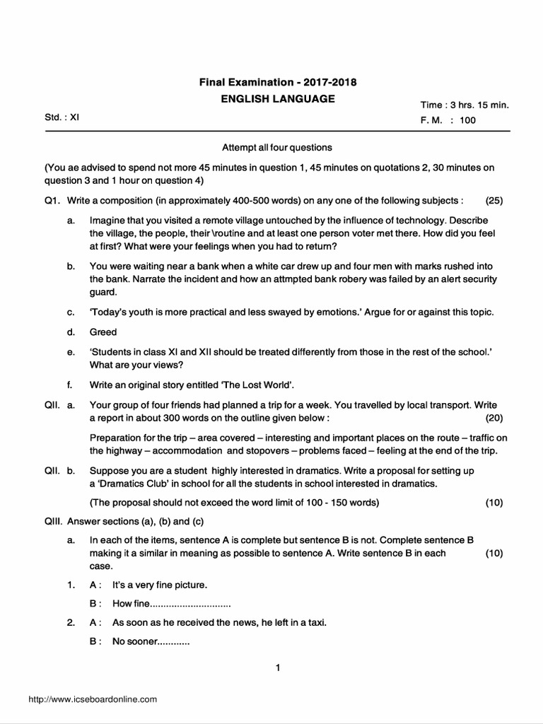 Isc Class 11 English Language 2018 | PDF