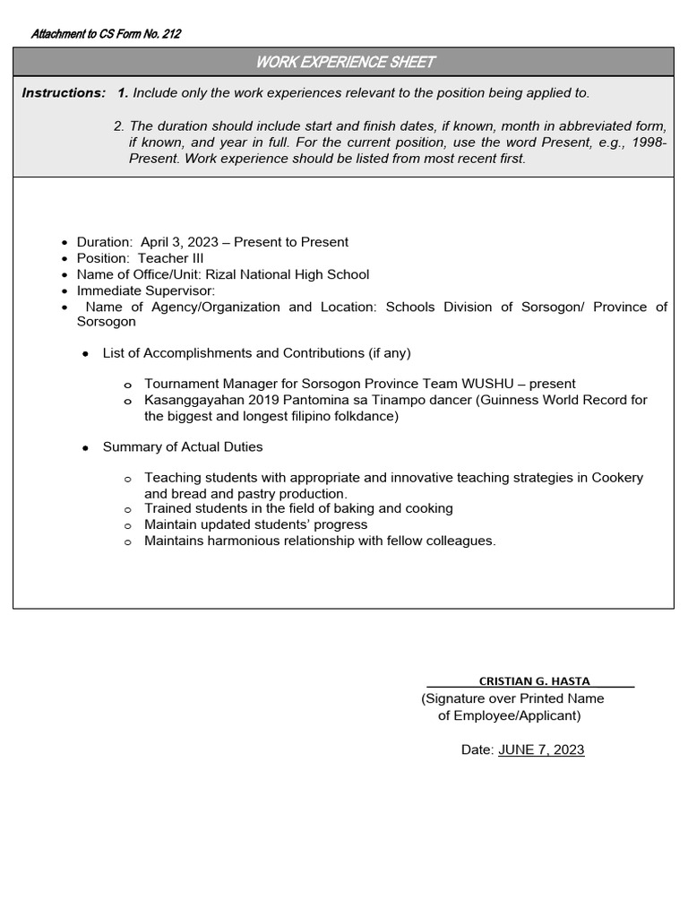Cs Form No. 212 Attachment - Work Experience Sheet 2021 | PDF