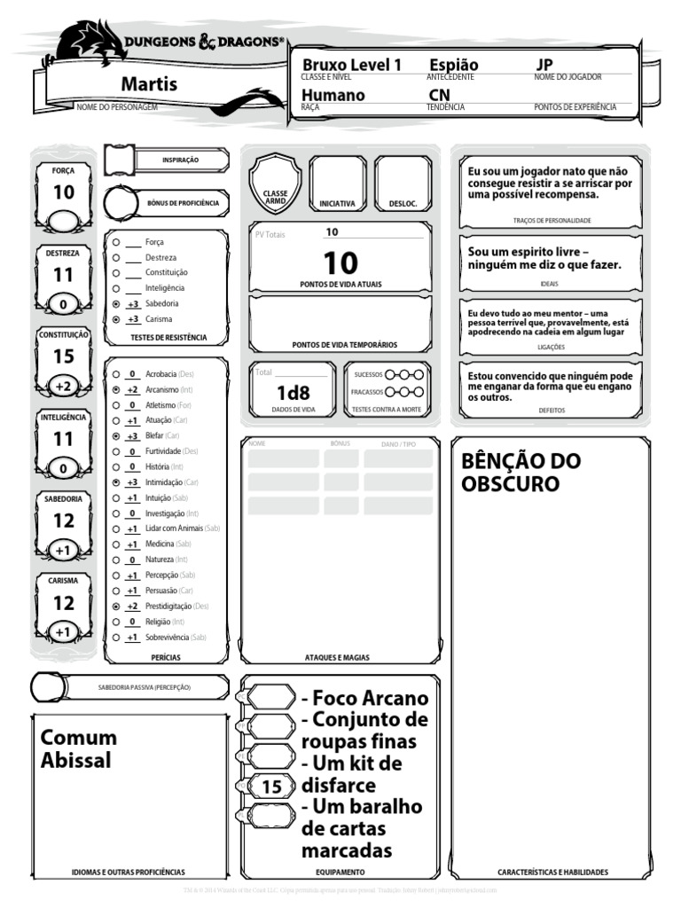 Ficha Pronta DeD - Bruxo | PDF