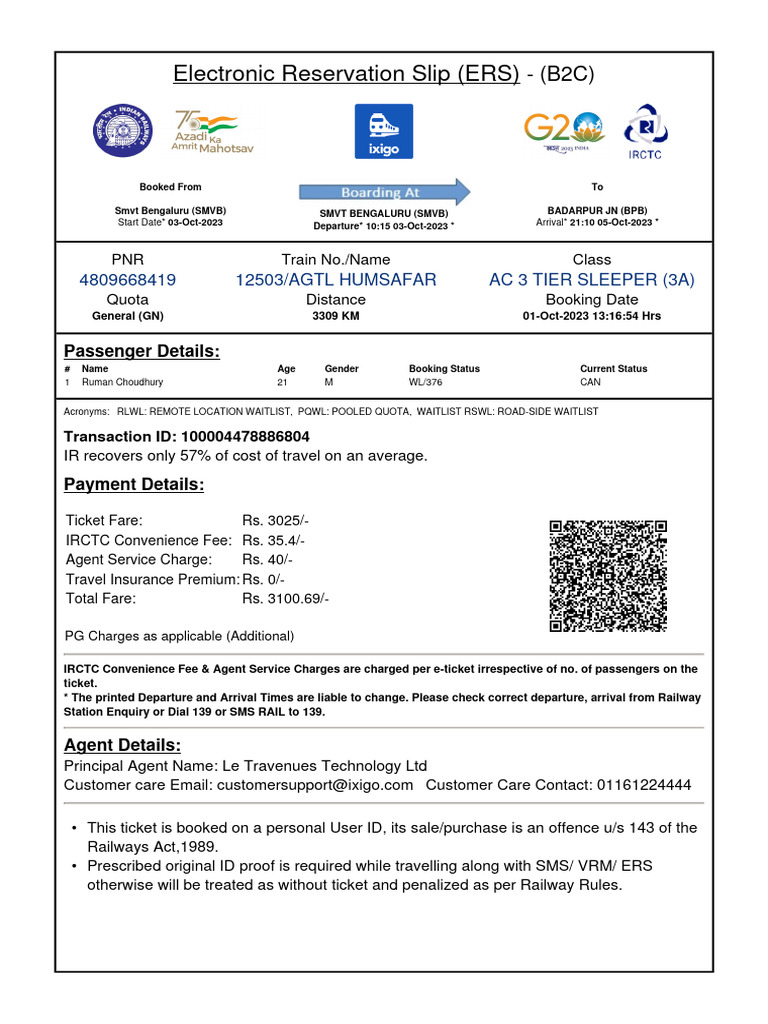 Electronic Reservation Slip (ERS) : 4809668419 12503/agtl Humsafar Ac 3 ...