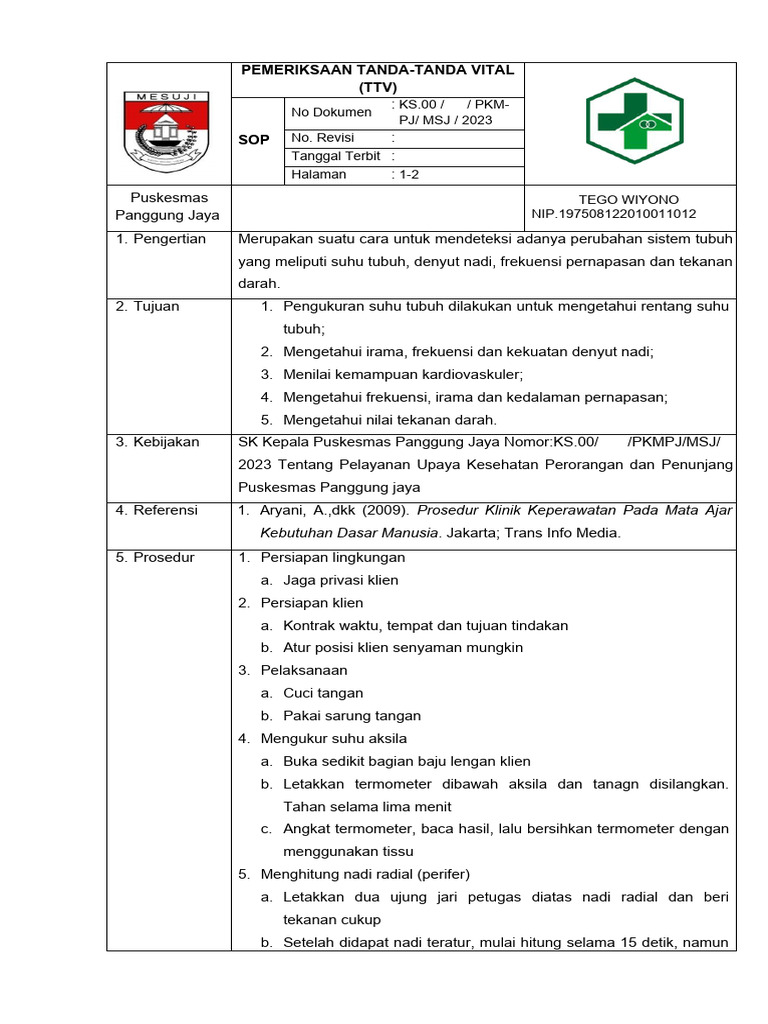 Sop Pemeriksaan Tanda-Tanda Vital (TTV) | PDF