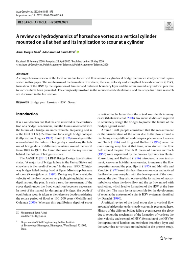 A Review On Hydrodynamics of Horseshoe Vortex at A Vertical Cylinder ...