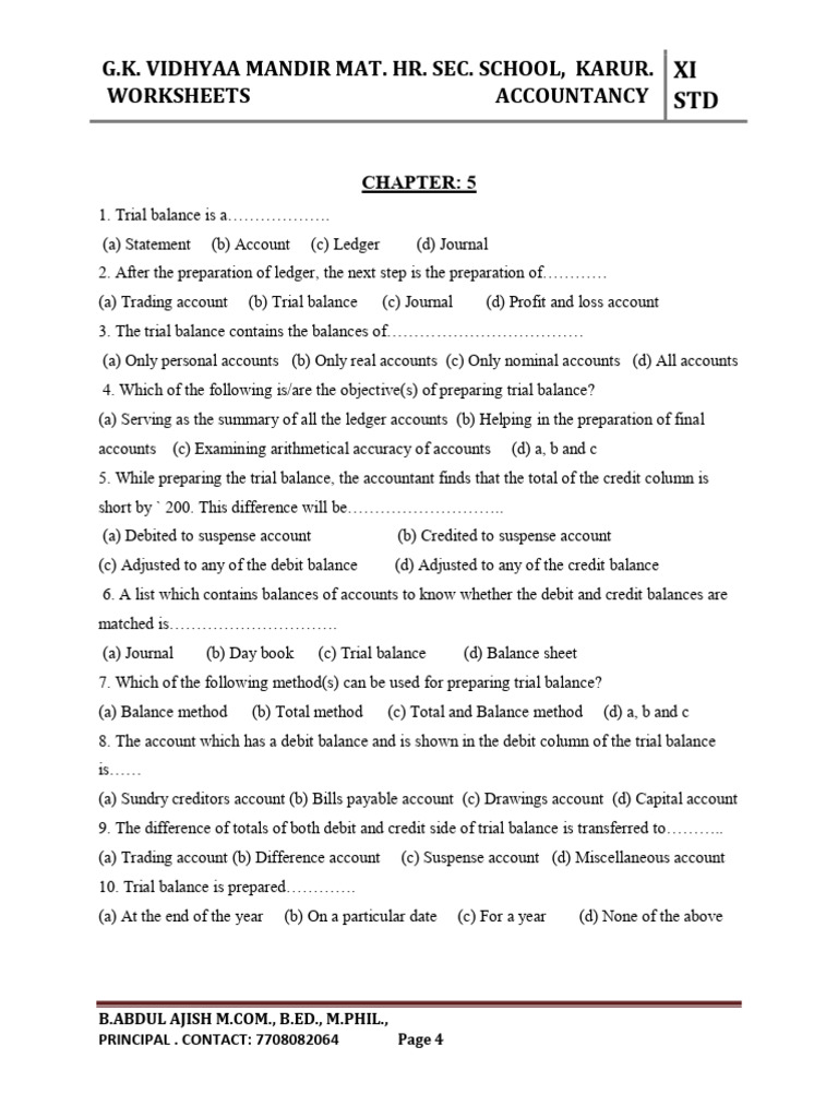 G.K. Vidhyaa Mandir Mat. Hr. Sec. School, Karur. Worksheets Accountancy ...