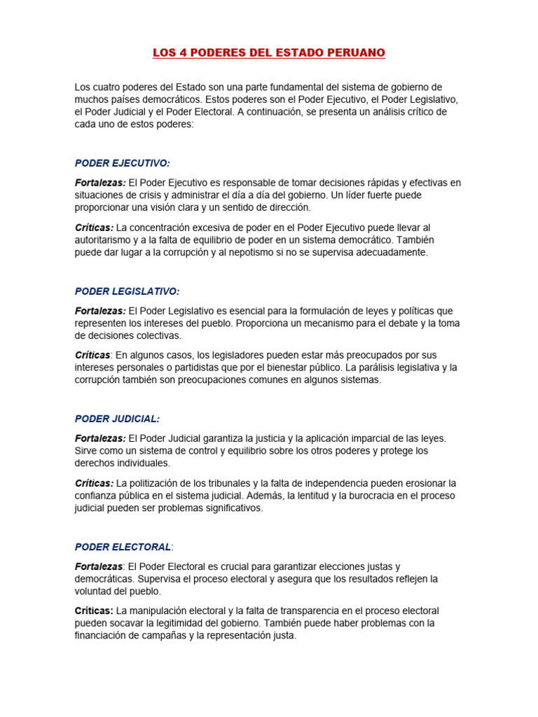 Los 4 Poderes Del Estado Peruano | PDF