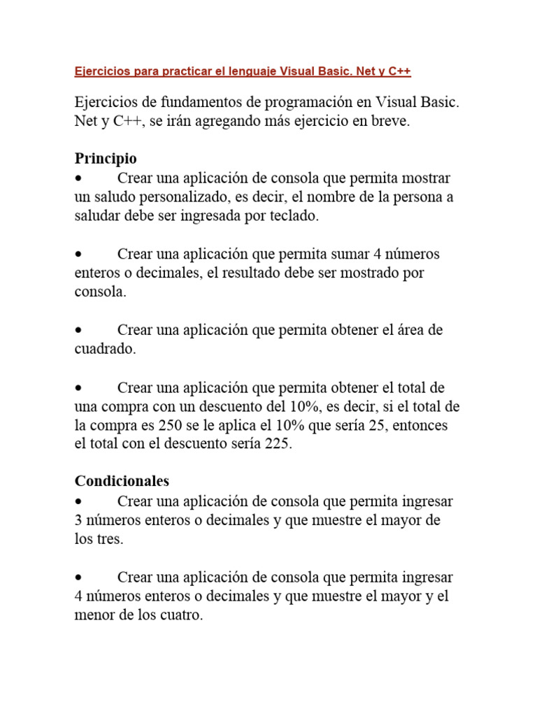 Ejercicios para Practicar El Lenguaje Visual Basic | PDF