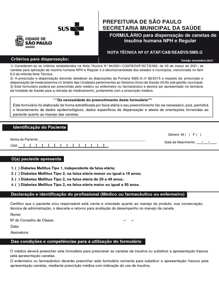 Formulario Canetas Insulina NPH Regular Versao Novembro 2021 | PDF