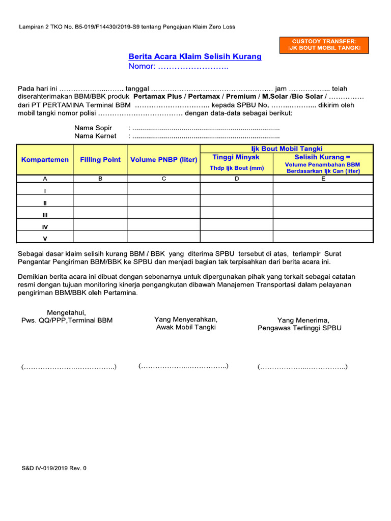 Formulir Berita Acara Klaim Selisih Kurang Ijk Bout | PDF