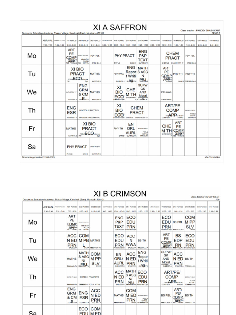 Class Xi - Timetable Revised On 17TH June 2023 | PDF