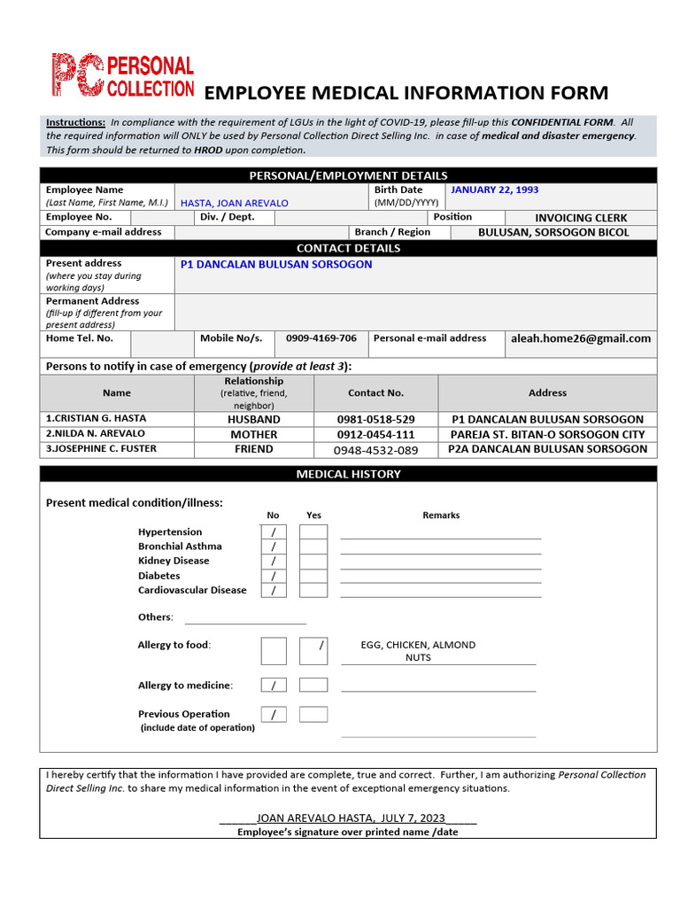 Employee Medical Information Form - 20201119 | PDF