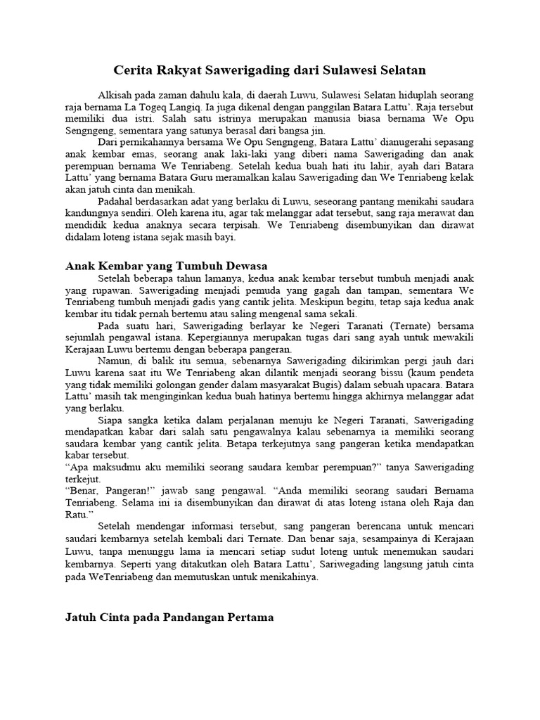 Cerita Rakyat Sawerigading Dari Sulawesi Selatan | PDF
