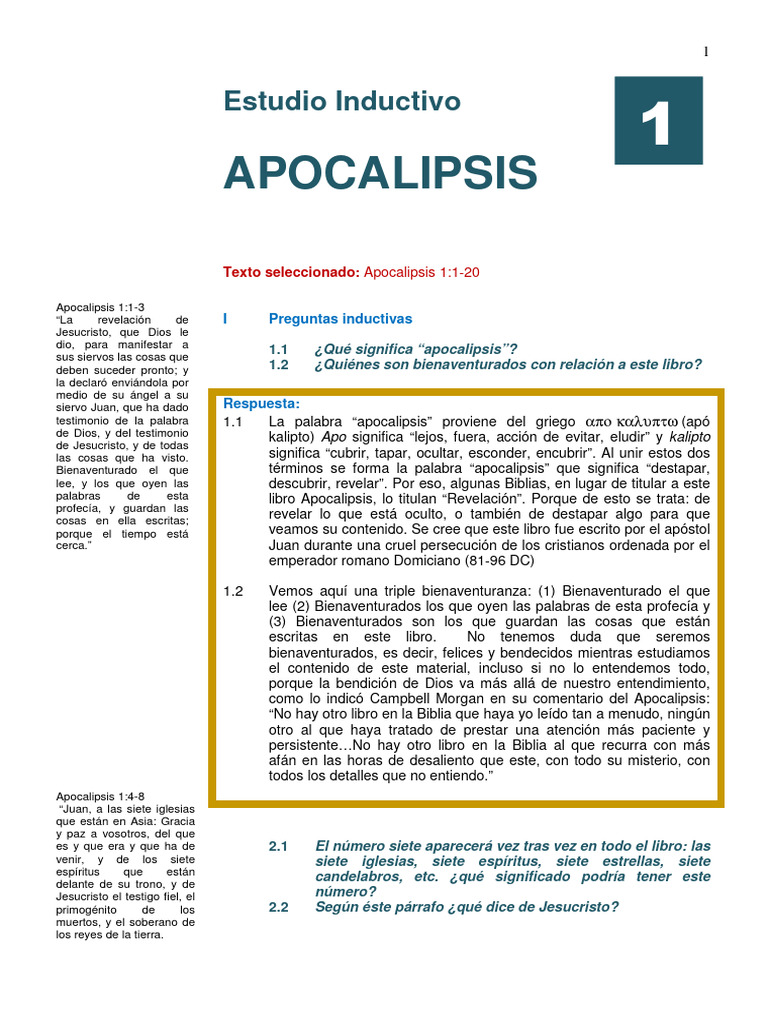Apocalipsis 1 1 20 Pdf Libro De Revelación Jesús