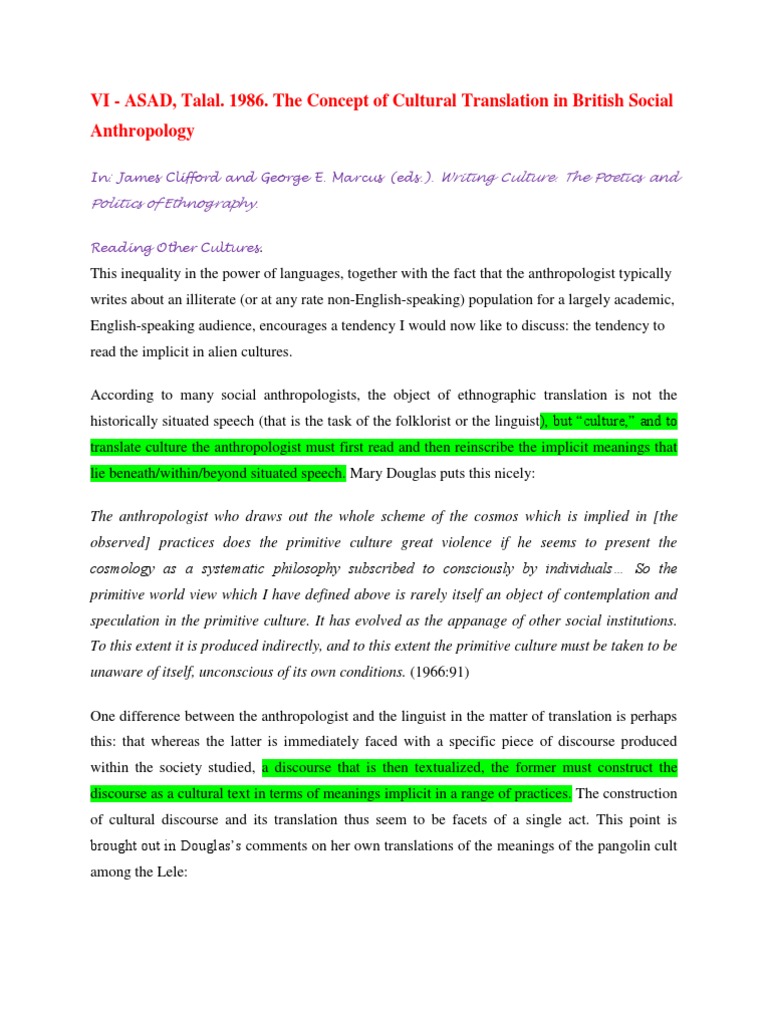 VI - ASAD, Talal. 1986. The Concept of Cultural Translation in British ...