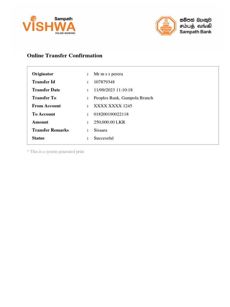 Successful Online Transfer Confirmation | PDF