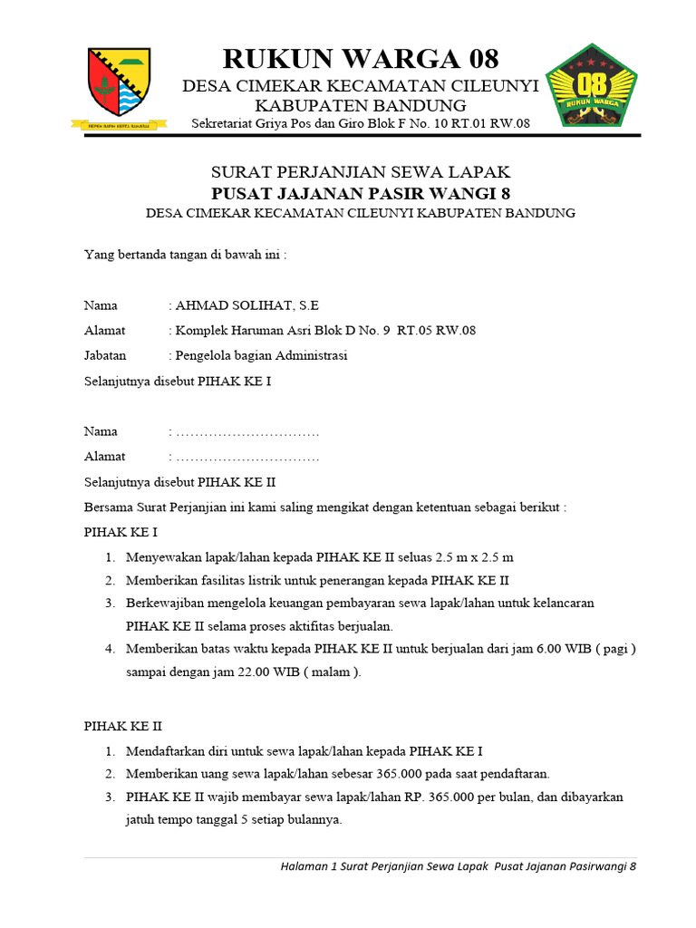 Surat Perjanjian Sewa Lapak | PDF