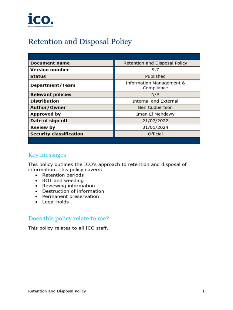 Ico Retention and Disposal Policy | PDF