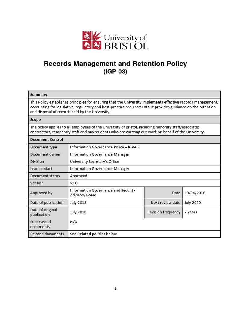 University of Bristol Records Policy | PDF