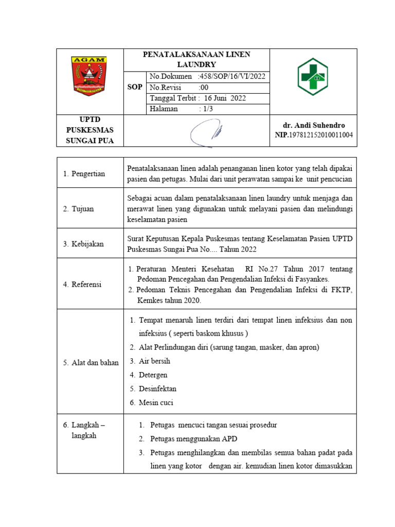 5.5.1 Sop Penatalaksanaan Linen Laundry | PDF