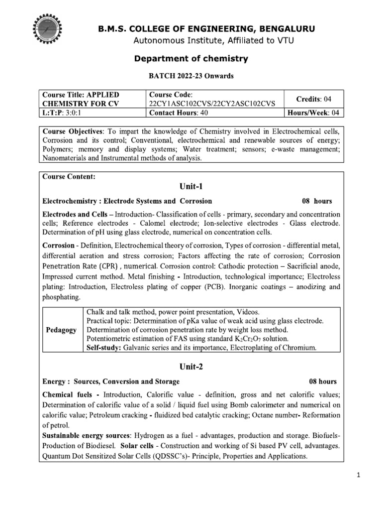 Chem Syll Sem 1 | PDF
