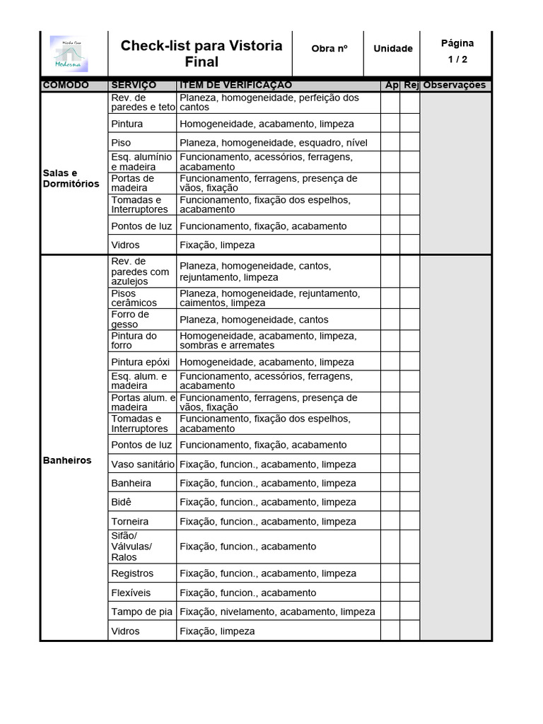 Formulario Check List Entrega de Casa | PDF