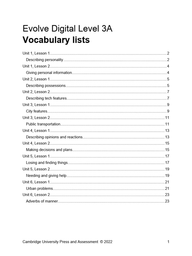 Evolve Digital Level 3A Vocabulary Lists | PDF