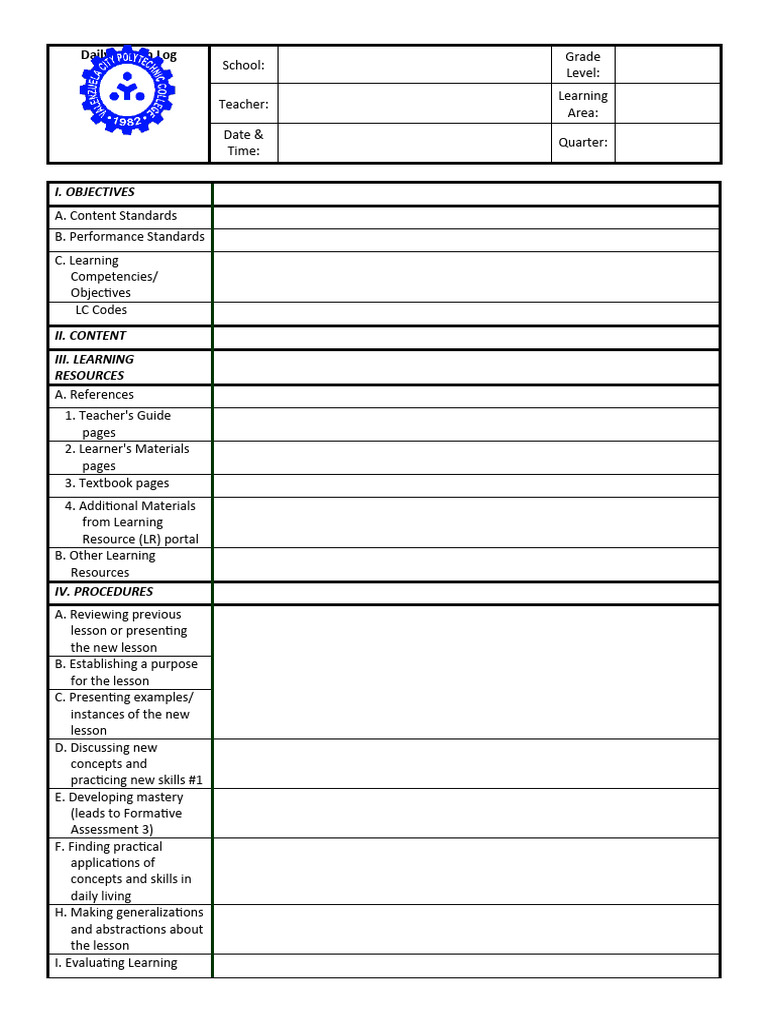 Daily Lesson Log Template for Teachers | PDF