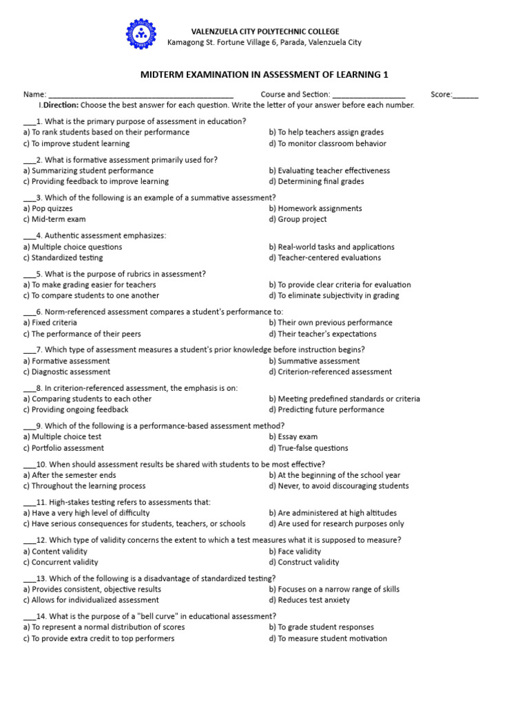 Midterm Exam: Assessment of Learning 1 | PDF