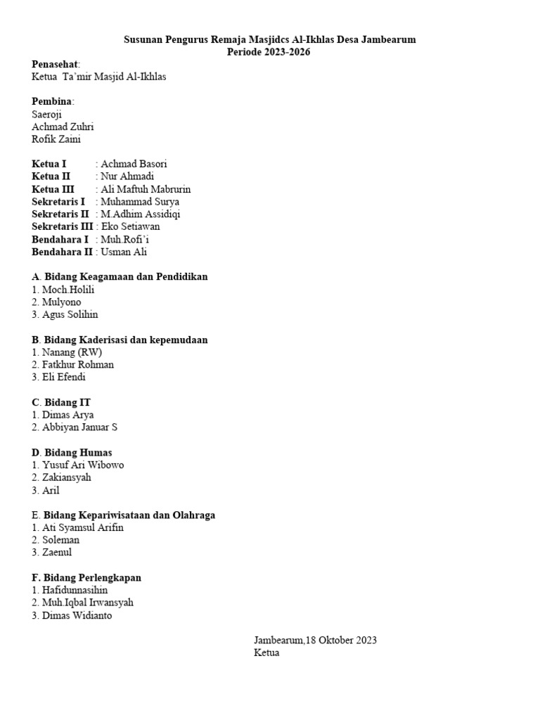 Susunan Pengurus Remas Al-Ikhlas | PDF