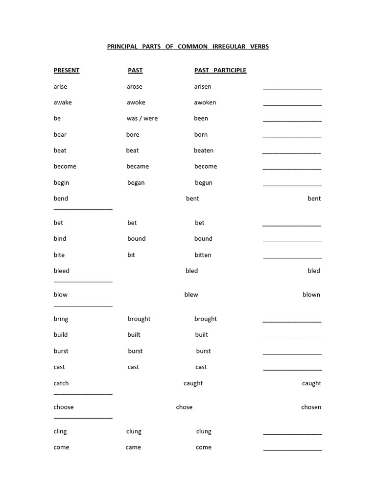 Principal Parts of Common Irregular Verbs | PDF